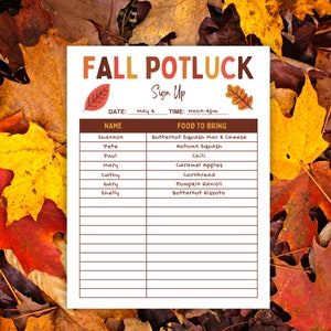 Fall Potluck Sign up Sheet Printable Autumn Harvest Potluck Party ...