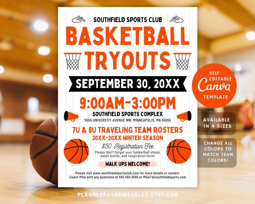 Editable Basketball Tryout Flyer Template, Youth Sports Registration ...