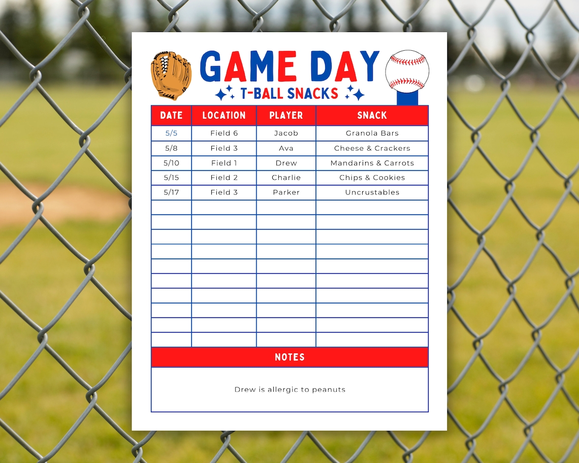 Editable T-ball Snack Sign up Sheet Schedule Template Printable - Etsy