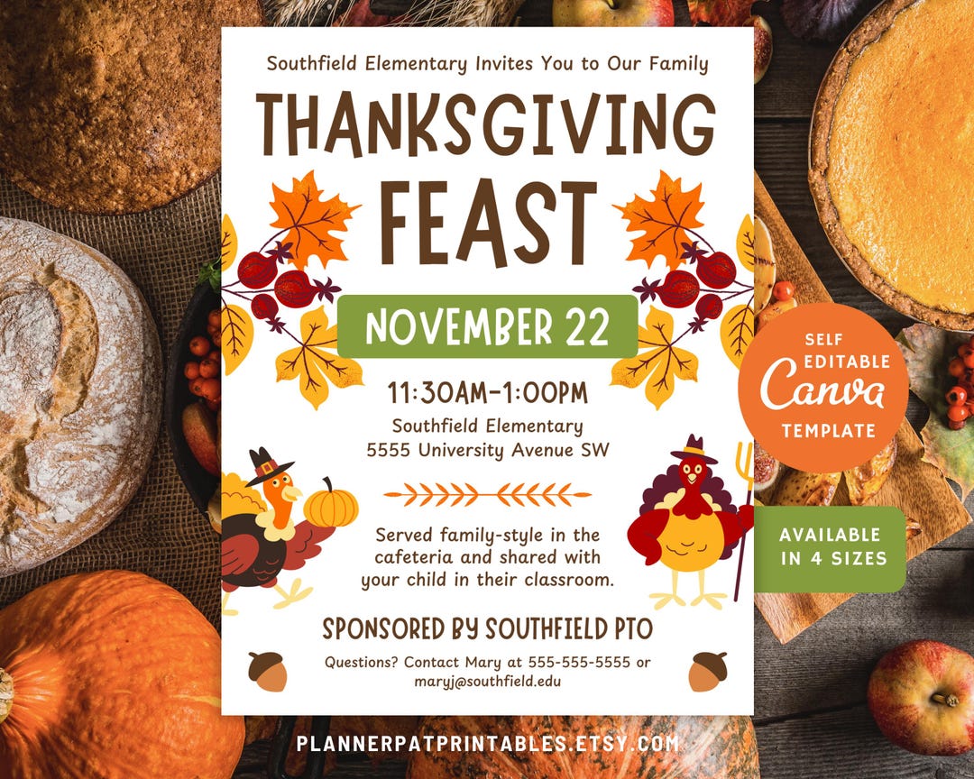 Editable Thanksgiving Feast Invitation: Fall School Luncheon (canva ...