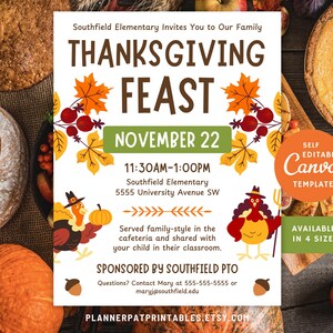 Editable Thanksgiving Feast Invitation: Fall School Luncheon (canva ...