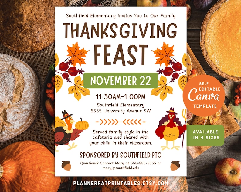 Editable Thanksgiving Feast Invitation: Fall School Luncheon (canva ...