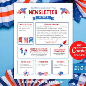 Editable July Newsletter Template, PTO PTA 4th of July Newsletter Canva ...