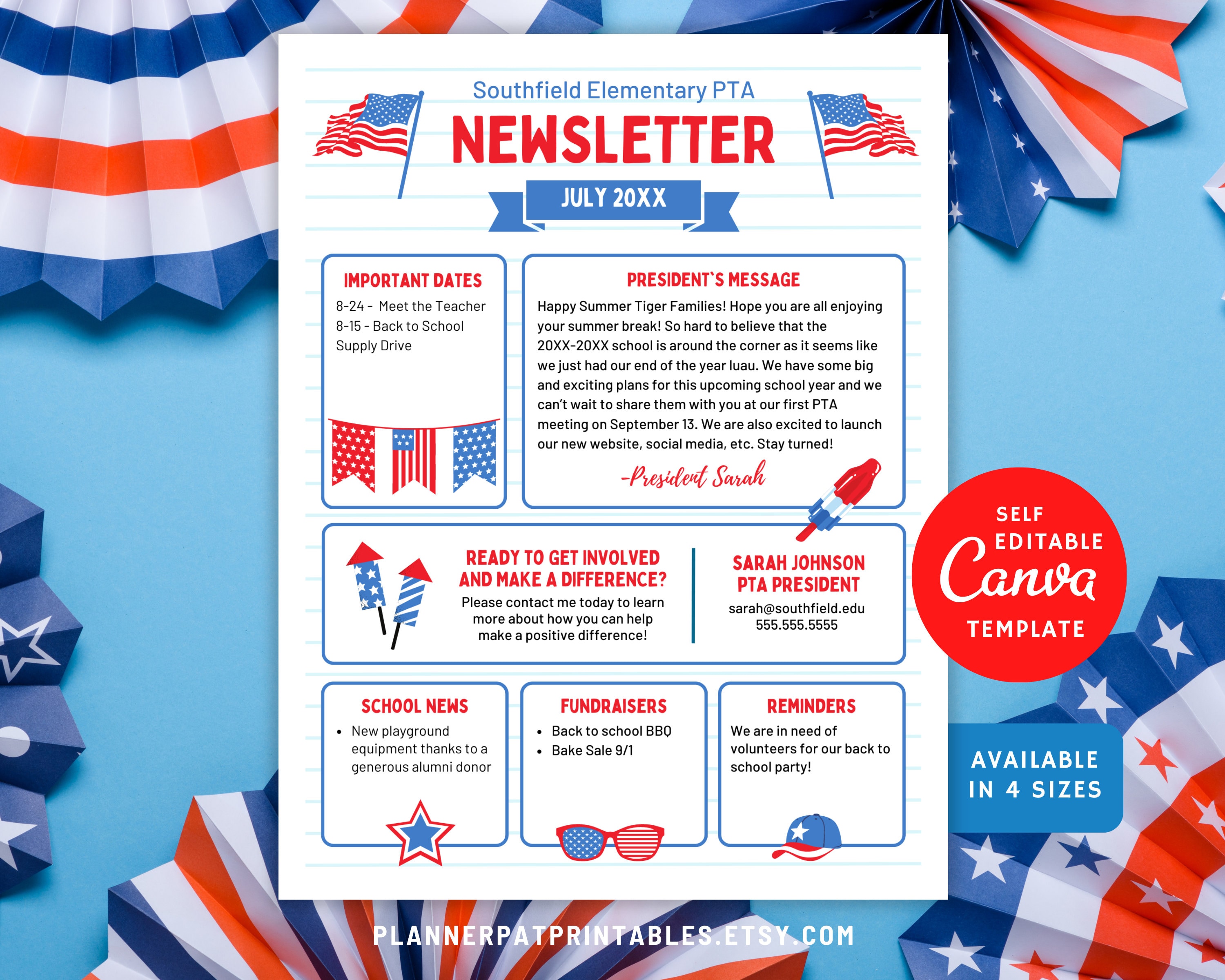 Editable July 4th Newsletter Template: PTO PTA Canva (digital Download ...