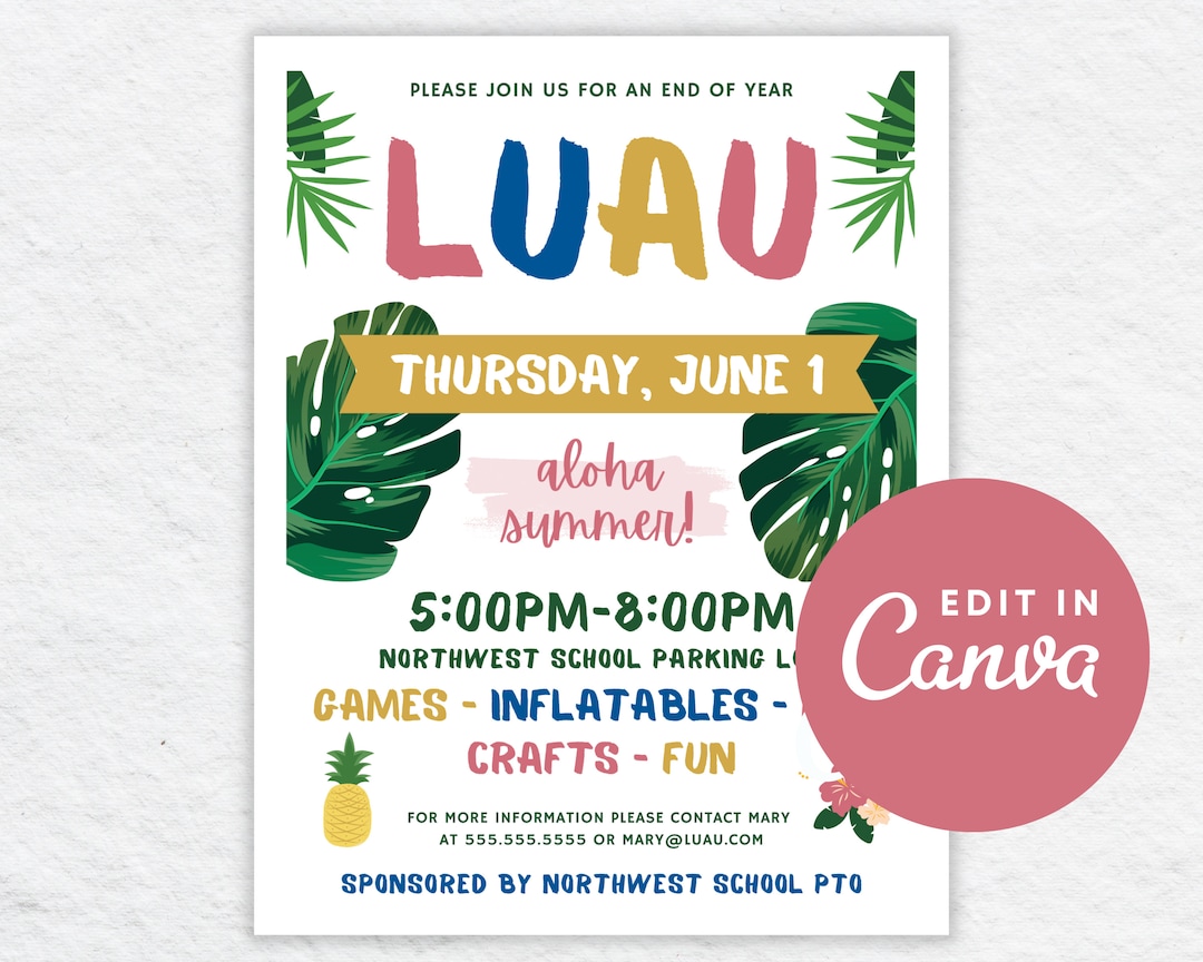 Luau Flyer Editable Template for Summer Hawaiian School Luau Party ...