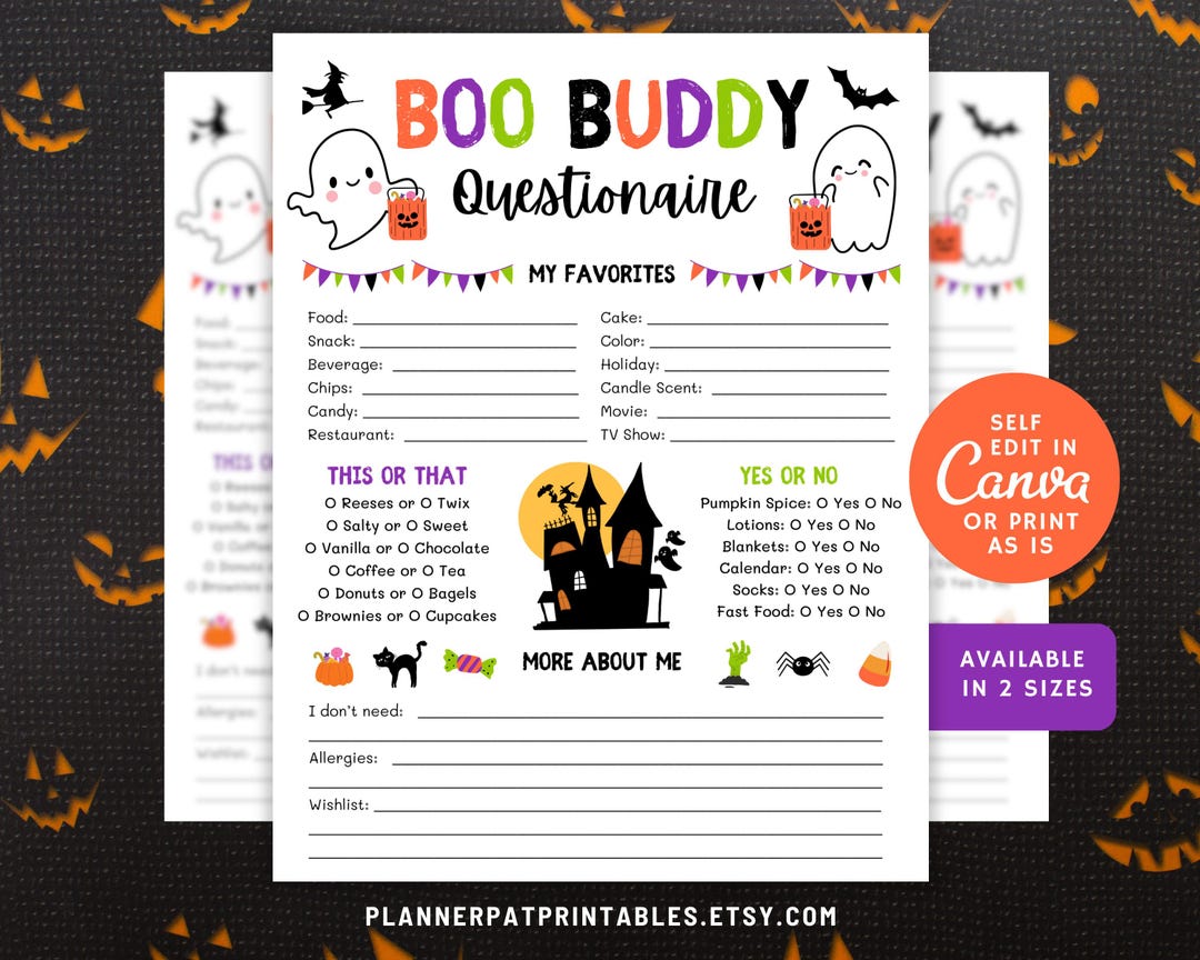 Halloween Boo Buddies Questionnaire, Gift Exchange Favorites Survey PDF ...