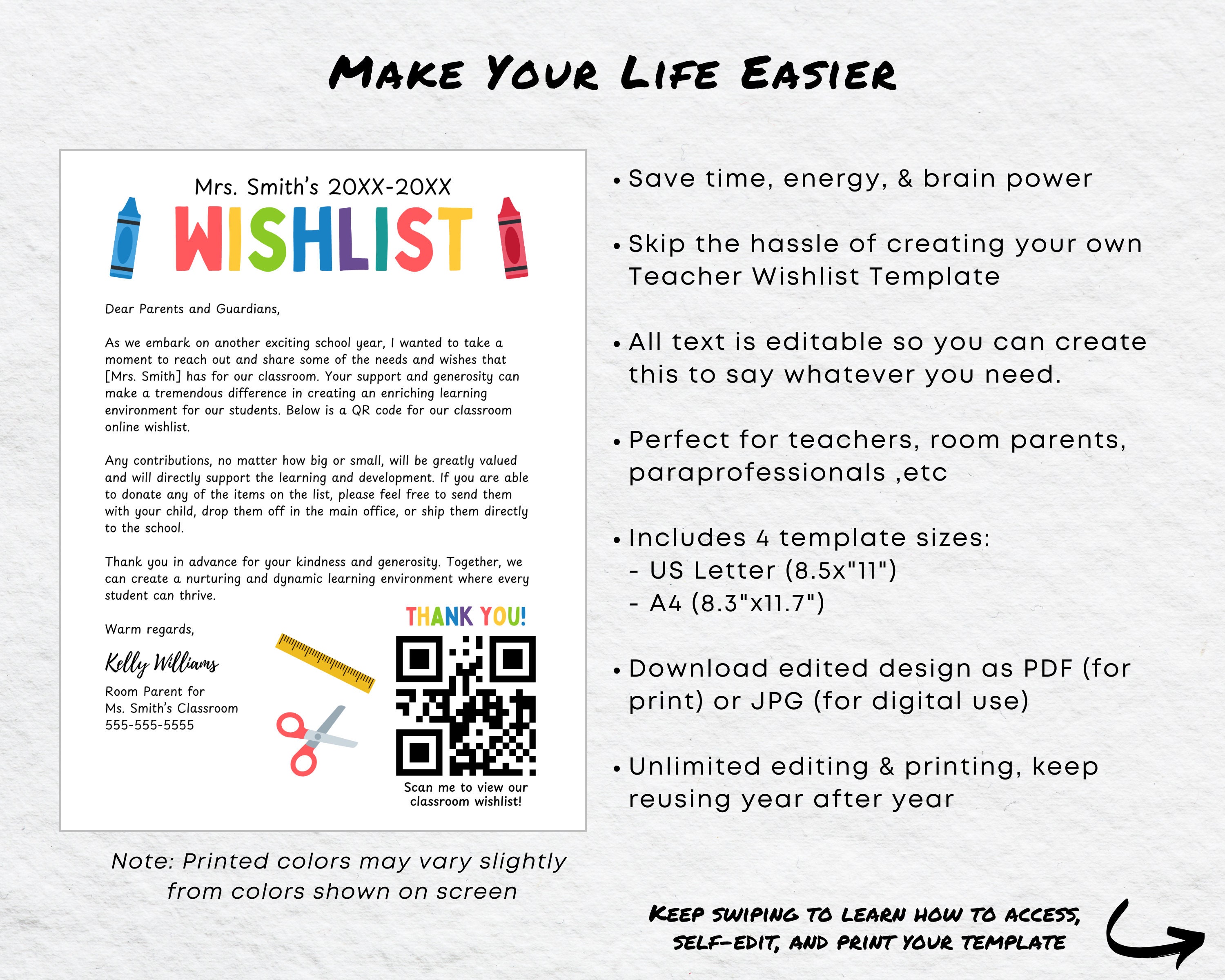 Editable Teacher Wishlist Printable, Classroom Supplies Donation Letter ...