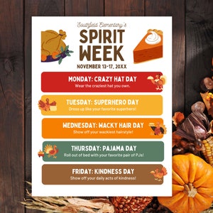 Editable Thanksgiving Spirit Week Schedule, Dress up Days, Canva - Etsy