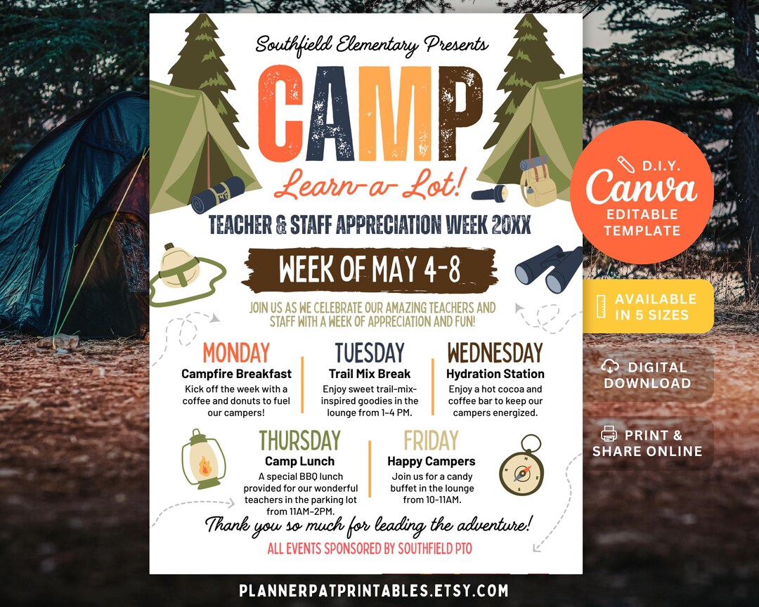 Editable Camp Theme Teacher Appreciation Week Itinerary Flyer Template ...
