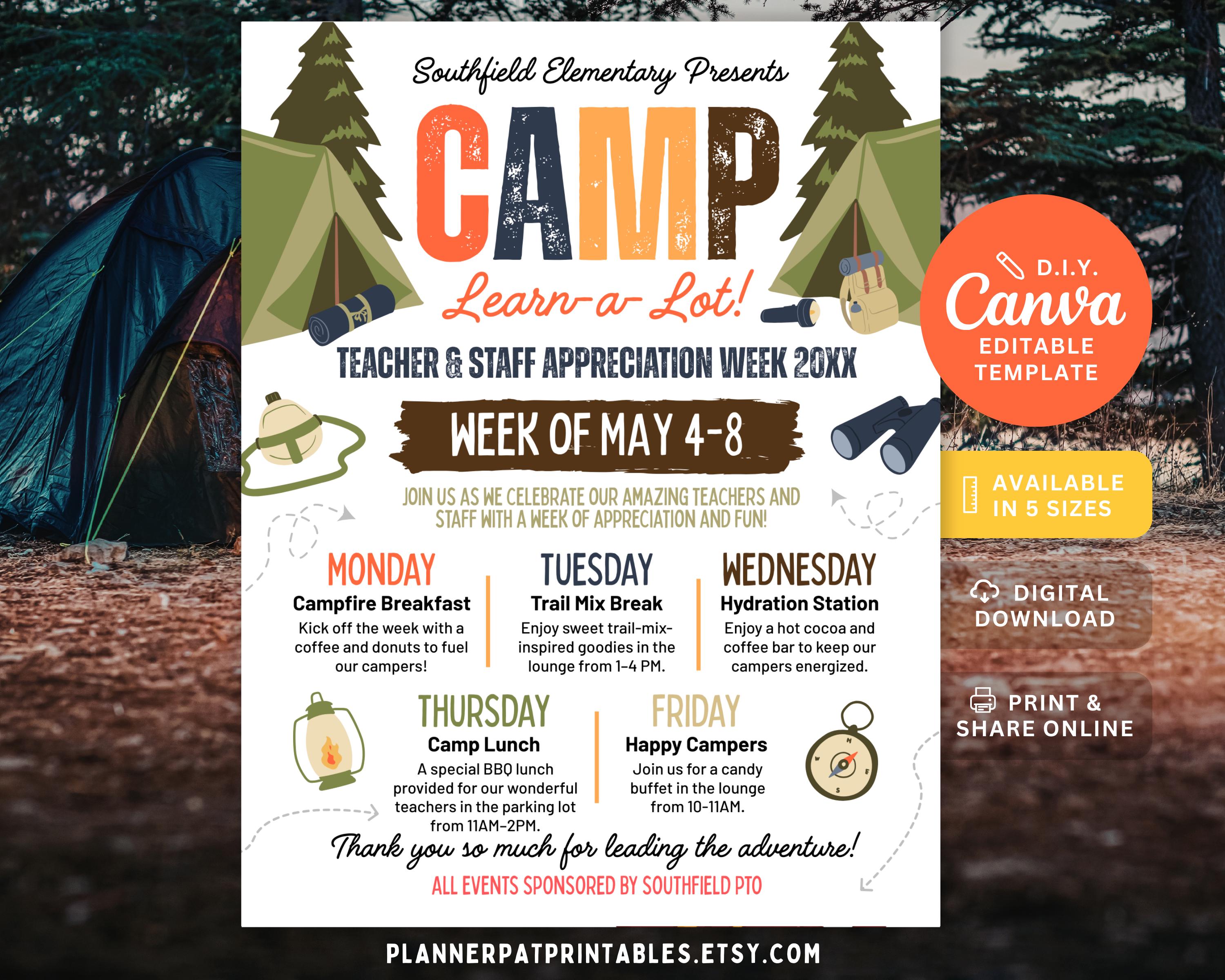 Editable Camp Theme Teacher Appreciation Week Itinerary Flyer Template ...