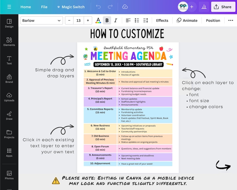 PTO PTA Meeting Agenda: Editable Outline Template (canva Download) - Etsy