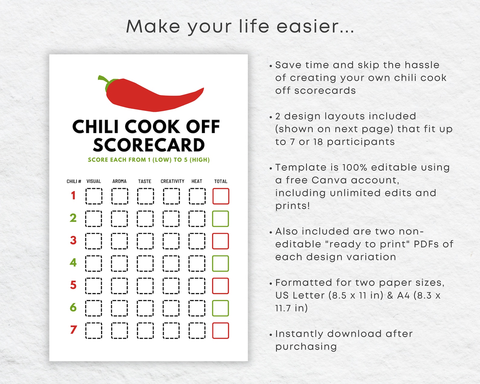 Printable Chili Cook off Scorecard, Editable Competition Template ...
