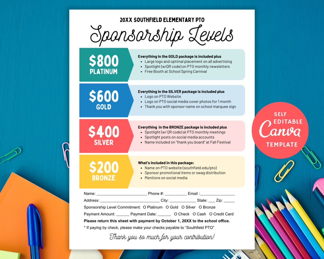 PTO PTA Sponsorship Levels Form Editable Template, Non-profit Form, Canva - Etsy