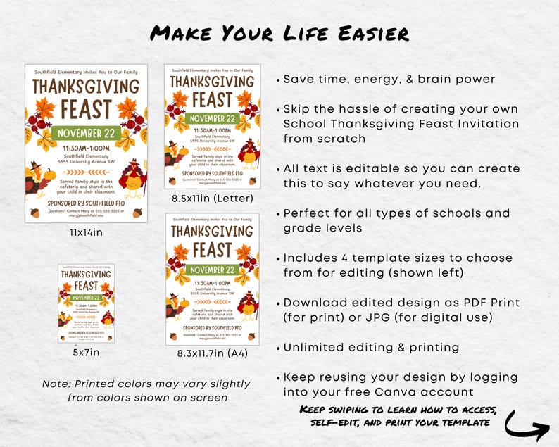 Editable Thanksgiving Feast Invitation: Fall School Luncheon (canva ...