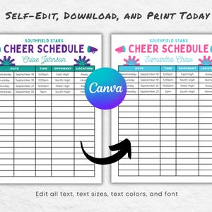 Editable Cheer Schedule Template, Cheerleader Practice or Game Calendar ...