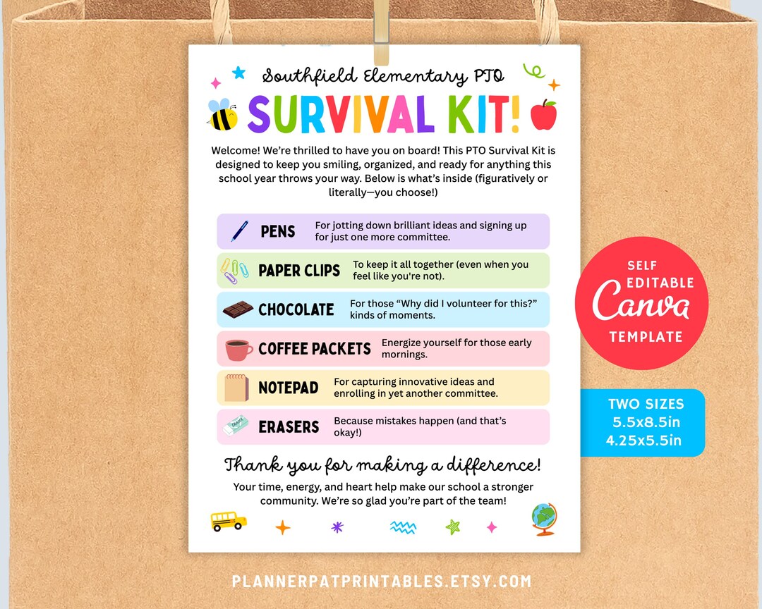 Editable PTA PTO Survival Kit Tag Template | Canva Volunteer Gift Label ...