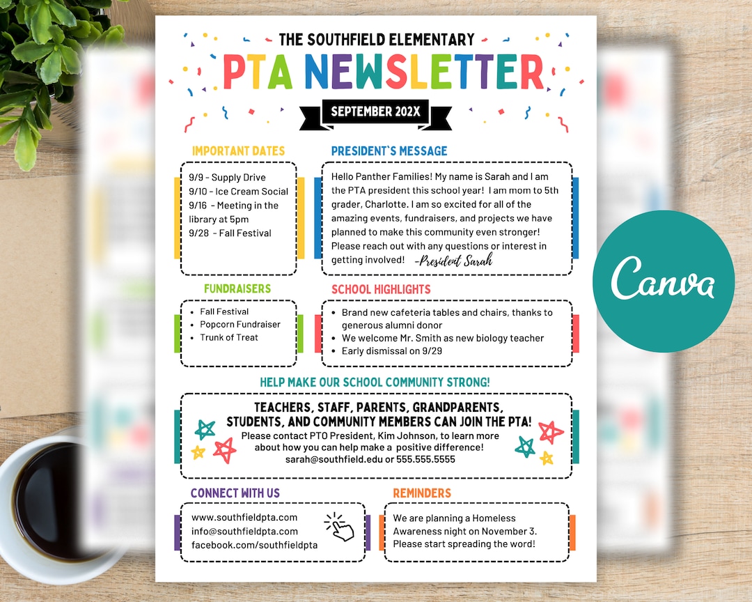 PTA Newsletter Editable Template for Highlighting Monthly School ...