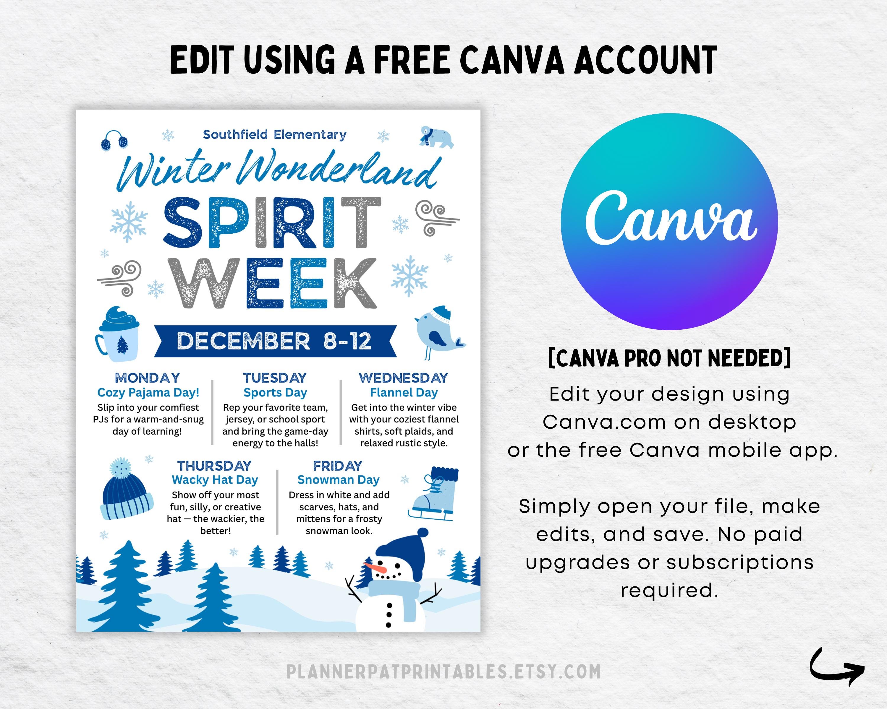 Winter Wonderland Spirit Week Flyer | Editable School Dress-up Days ...