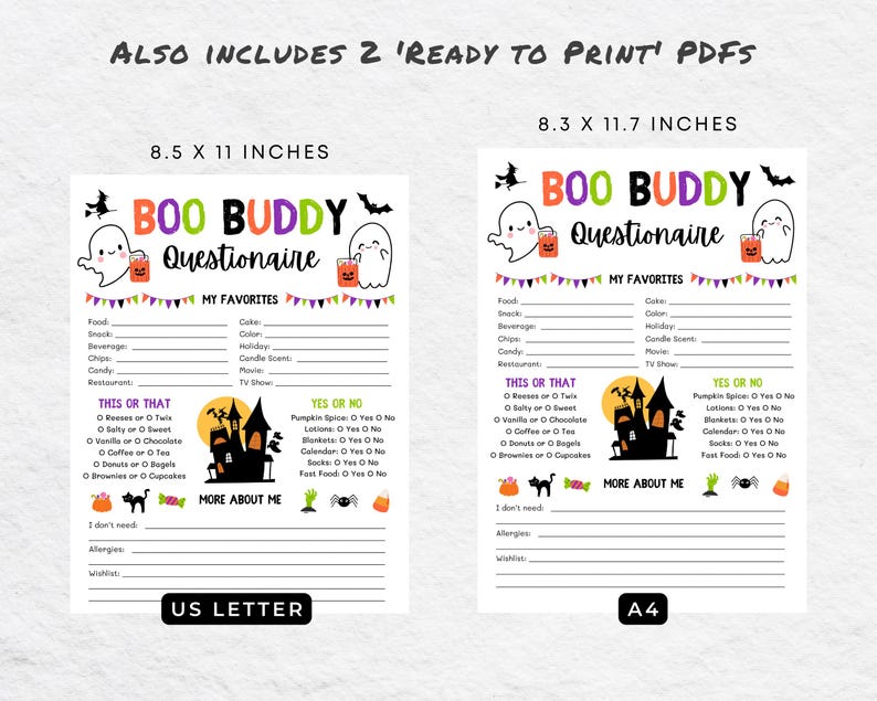 Halloween Boo Buddies Questionnaire, Gift Exchange Favorites Survey PDF ...