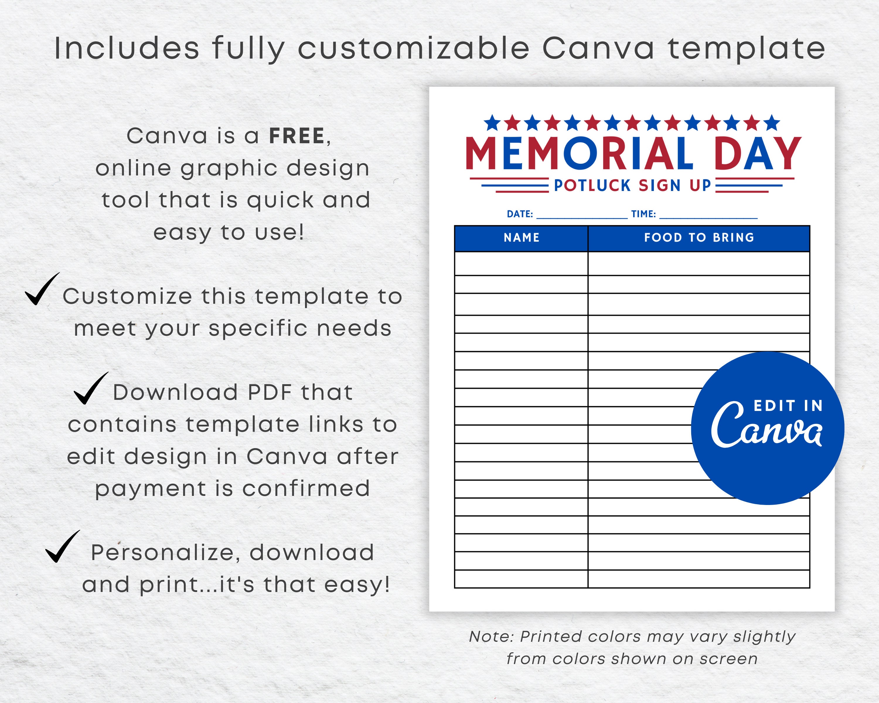 Memorial Day Potluck Sign up Sheet: Canva Template (digital Download ...