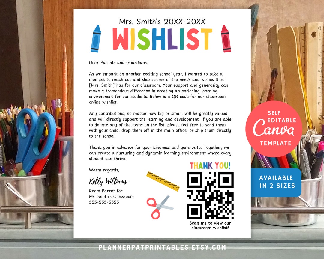 Editable Teacher Wishlist Printable, Classroom Supplies Donation Letter ...
