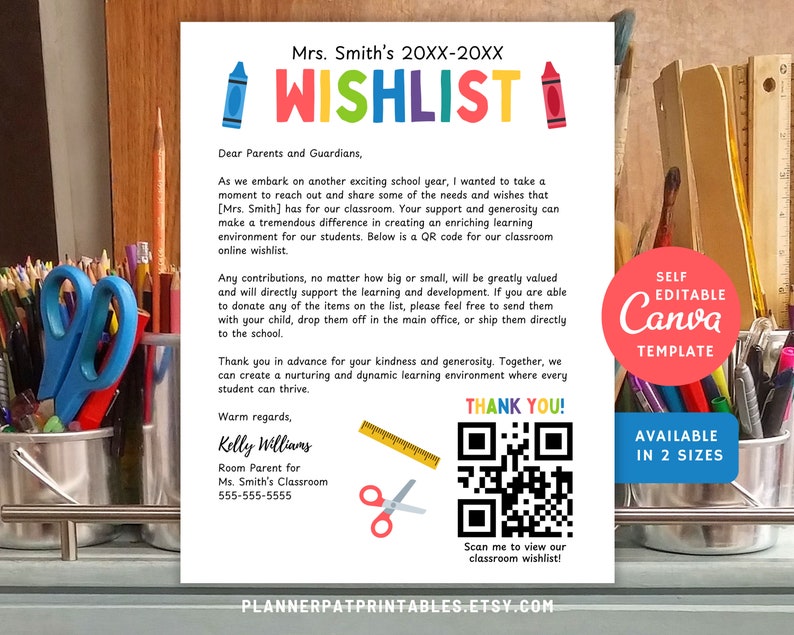Editable Teacher Wishlist Printable, Classroom Supplies Donation Letter ...