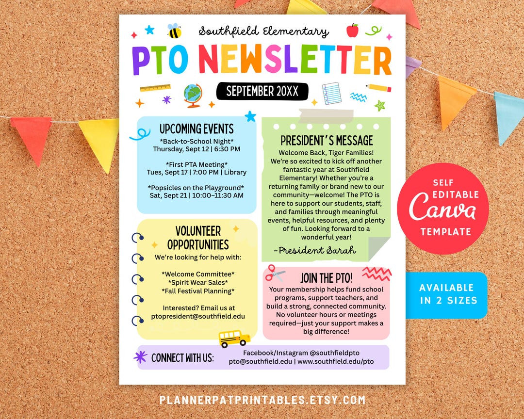 Editable PTO Newsletter Template: Canva PTA School Communication ...