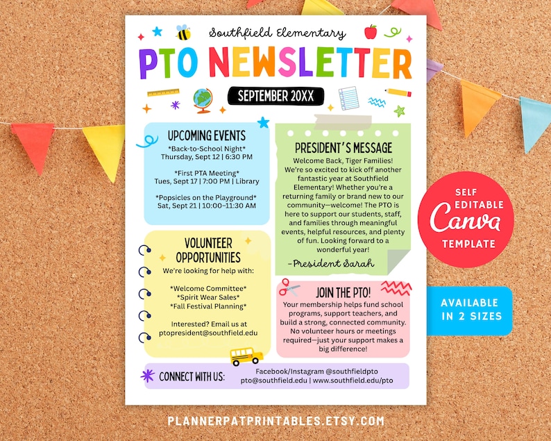 Editable PTO Newsletter Template: Canva PTA School Communication ...