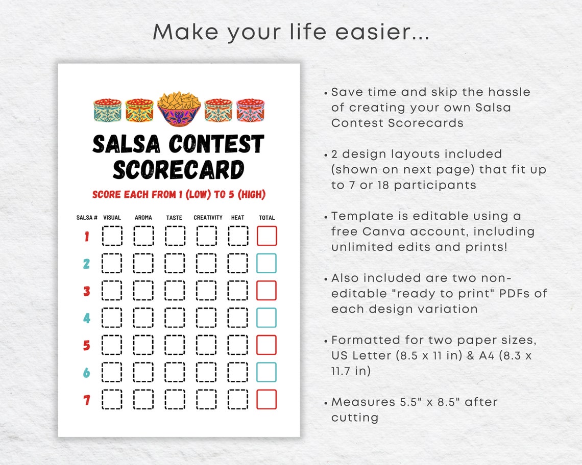 Editable Salsa Contest Scorecard Template | Tasting Judging Sheet ...