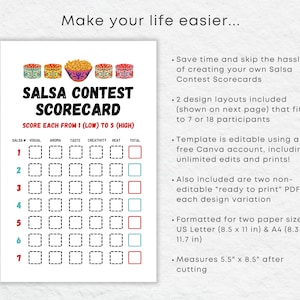 Salsa Scorecard Printable for Work Salsa Competition or Contest, Edit ...