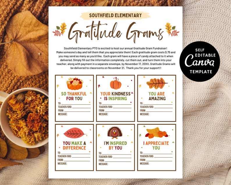 Editable Thanksgiving Gratitude Grams Canva Template: PTA PTO ...