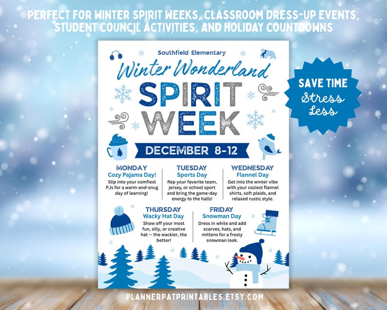 Winter Wonderland Spirit Week Flyer | Editable School Dress-up Days ...