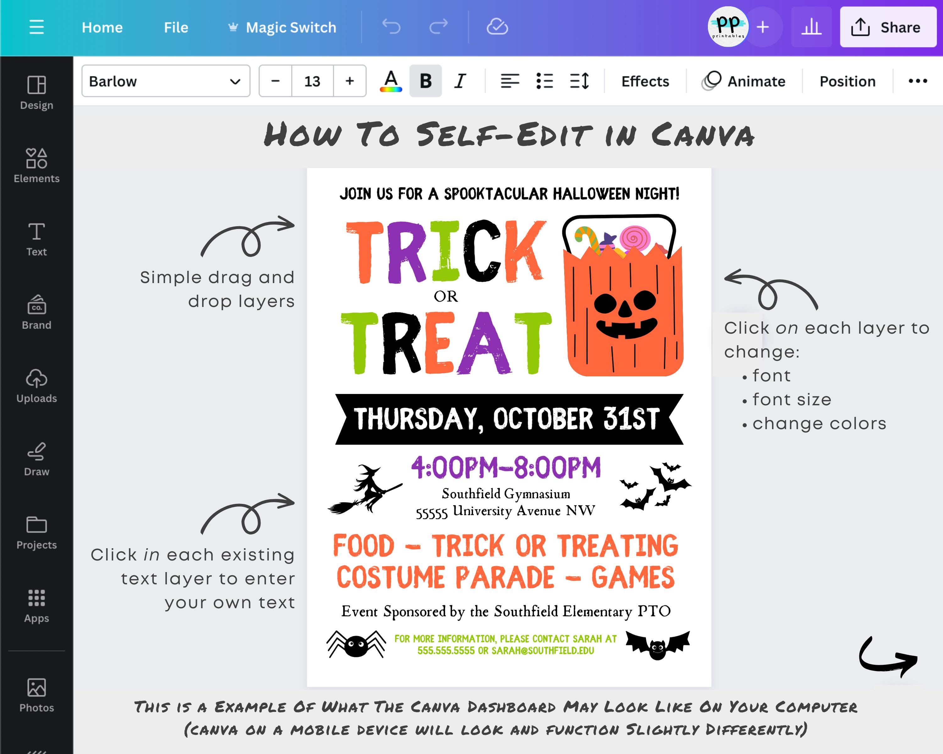 Editable School Halloween Flyer: Trick or Treat Event (canva, Digital ...