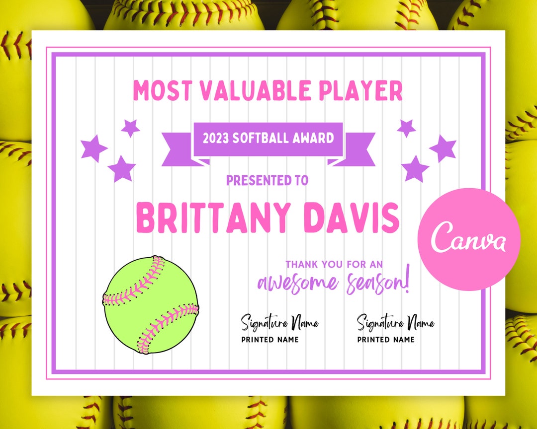 DIY Softball Award Certificate End of Season Canva Editable - Etsy