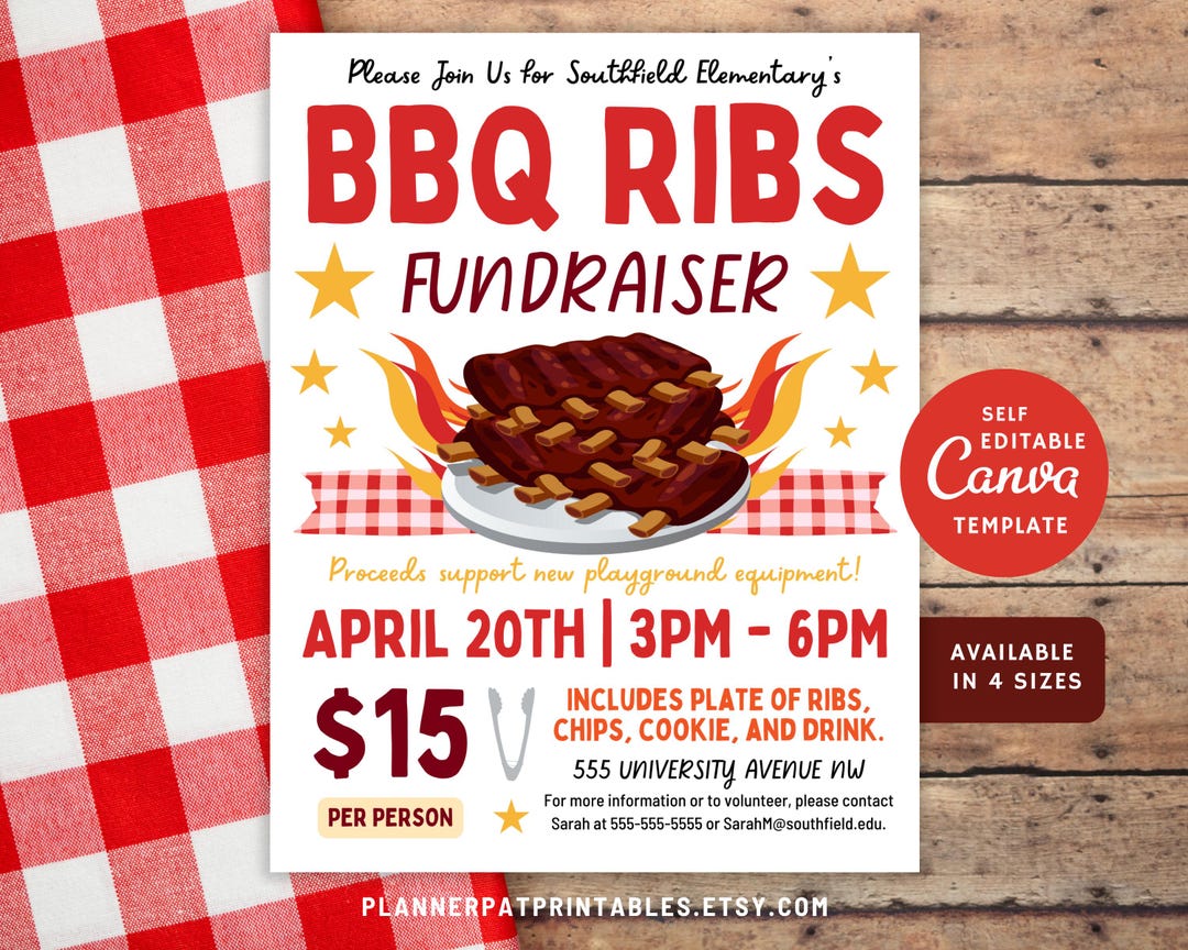 BBQ Ribs Fundraiser Flyer Template: Editable Flyer Printable (canva ...