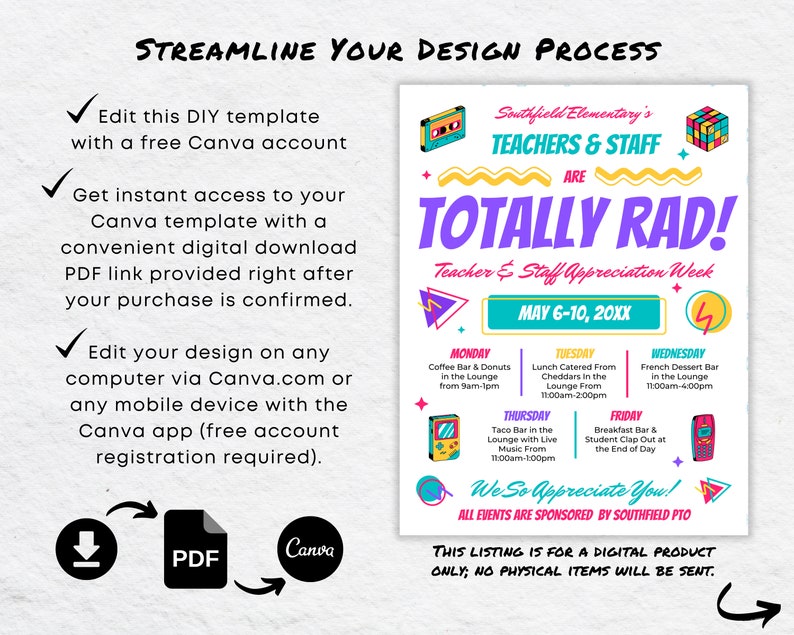 Editable 90s Theme Teacher Appreciation Flyer: Retro Itinerary Template ...