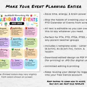 Editable PTA PTO Calendar Template: Events Schedule (canva Download) - Etsy