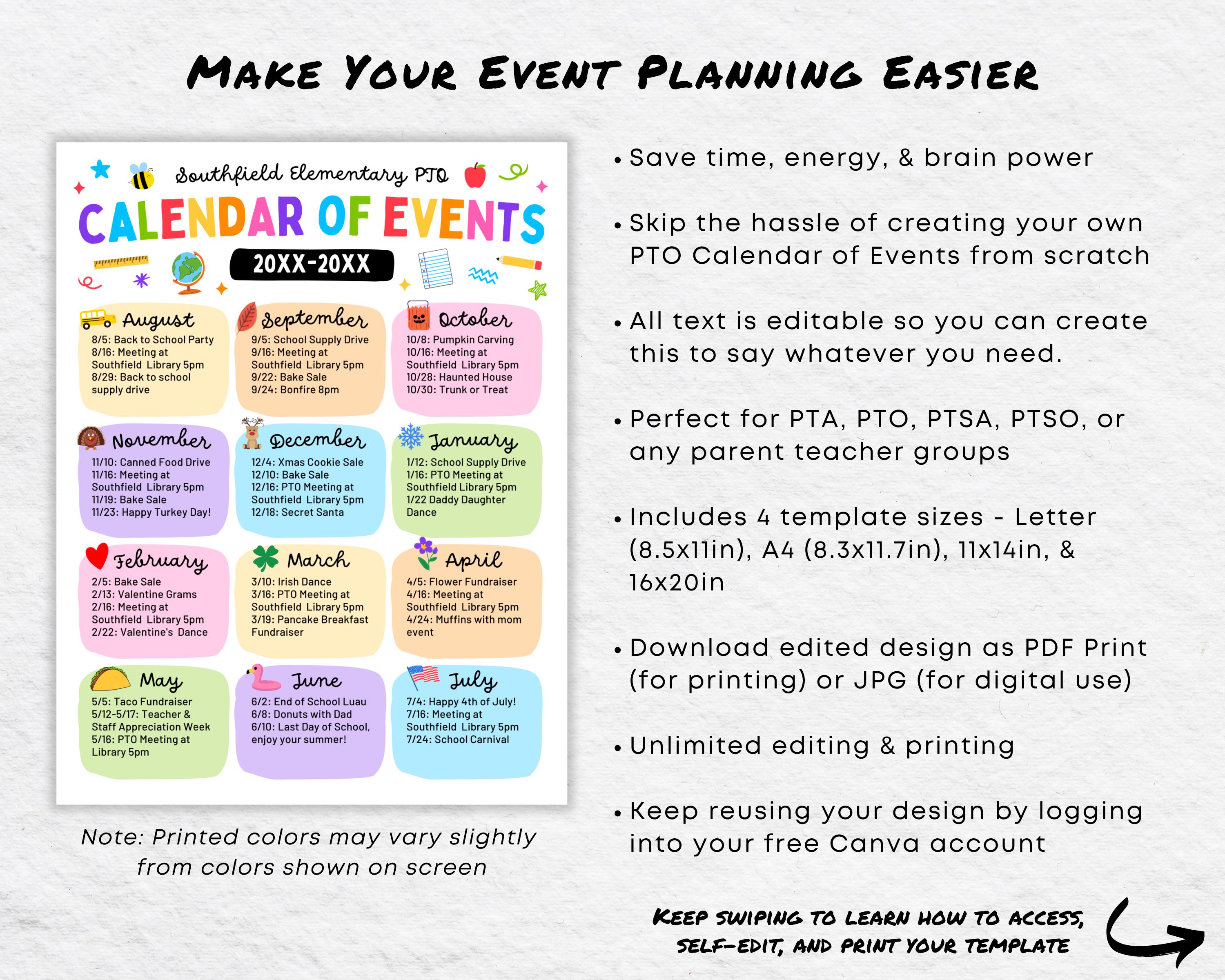 Editable PTA PTO Calendar Template: Events Schedule (canva Download) - Etsy