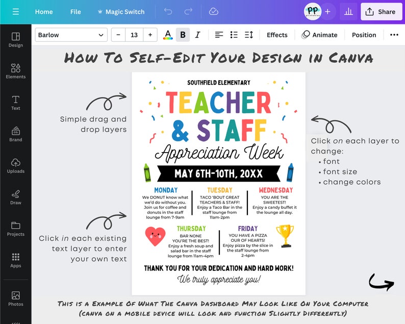 Editable Teacher & Staff Appreciation Week Itinerary Flyer (canva ...