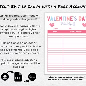 Valentine Day Potluck Sign up Sheet Printable, Galentine Party, Canva ...