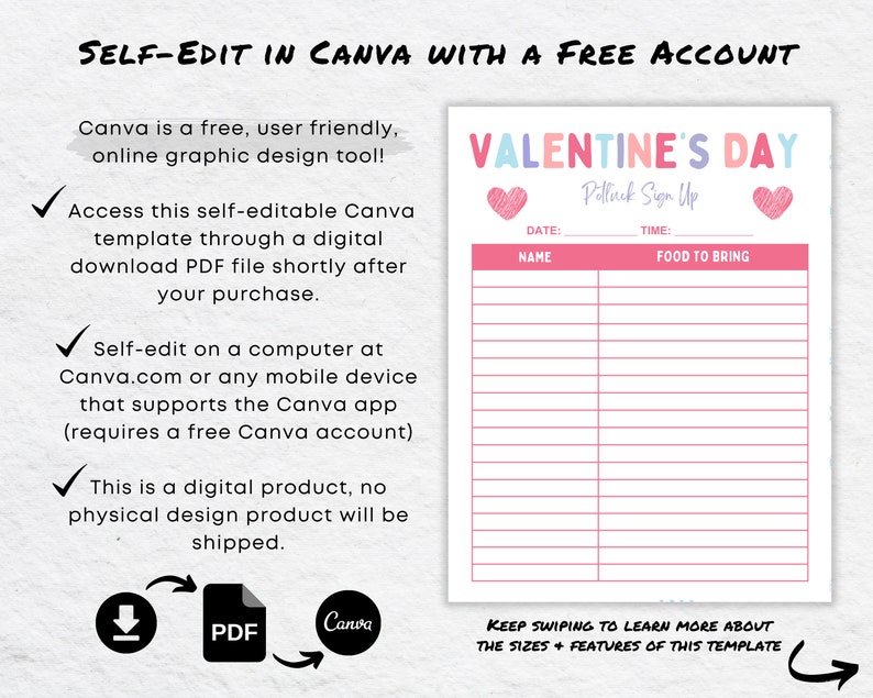 Valentine Day Potluck Sign up Sheet Printable, Galentine Party, Canva ...