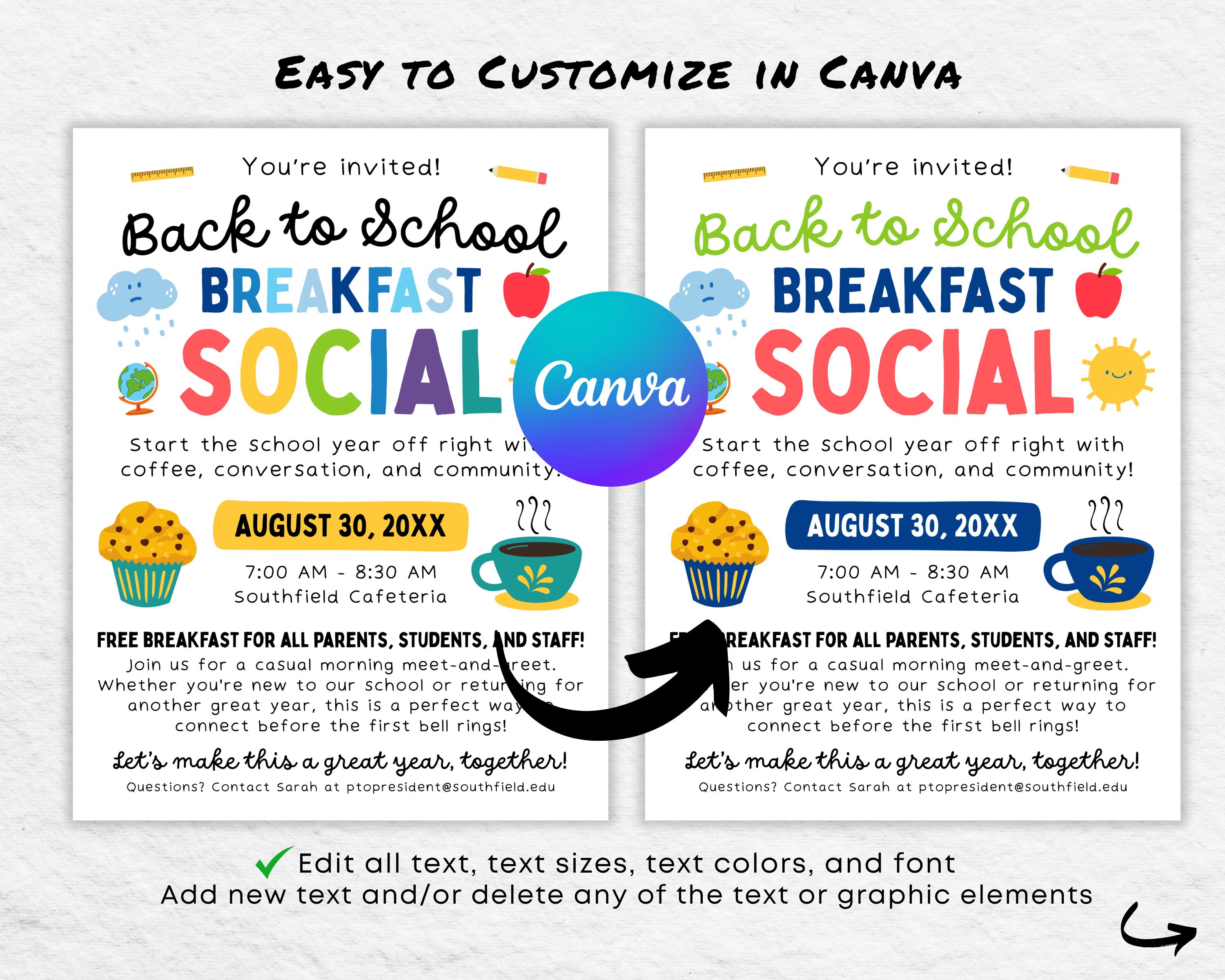 Editable School Breakfast Flyer Template: Canva Back to School Social ...