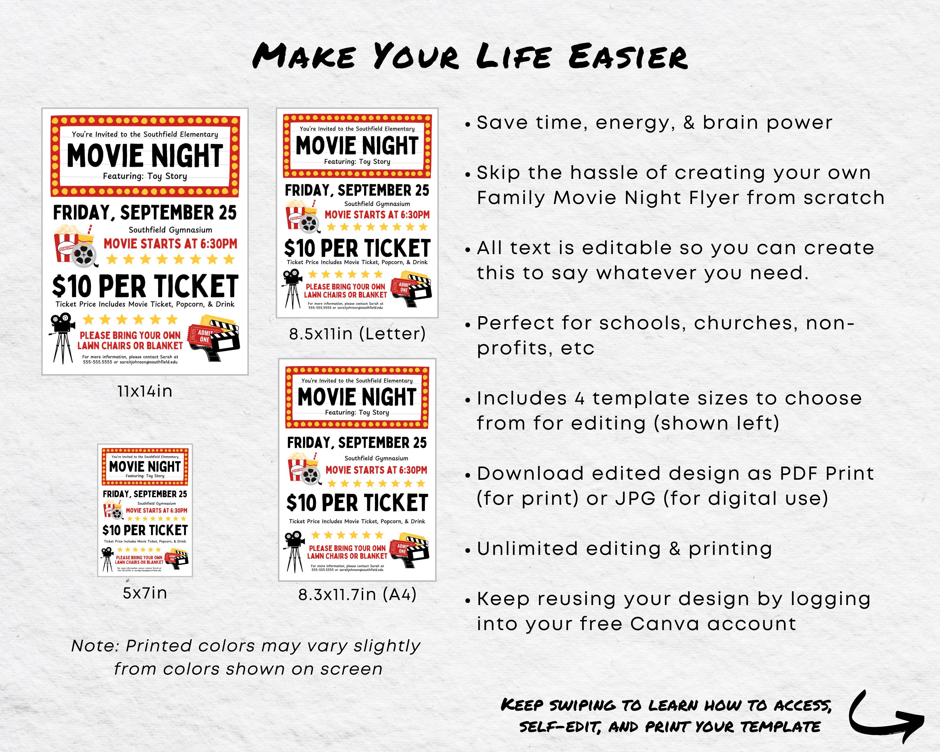 Editable Family Movie Night Flyer Template: Canva School Movie Party ...