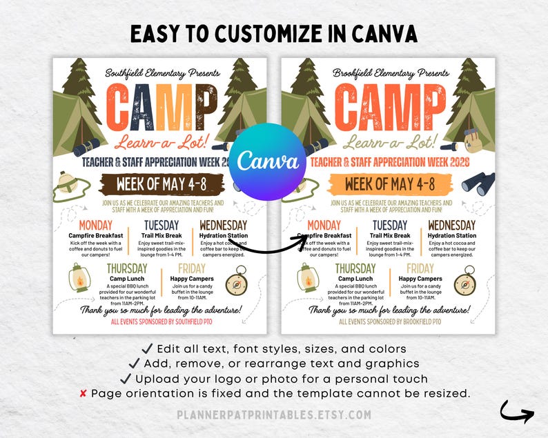 Editable Camp Theme Teacher Appreciation Week Itinerary Flyer Template ...