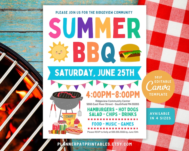 Summer BBQ Party Flyer Editable Template, DIY Cookout Invitation, Canva ...