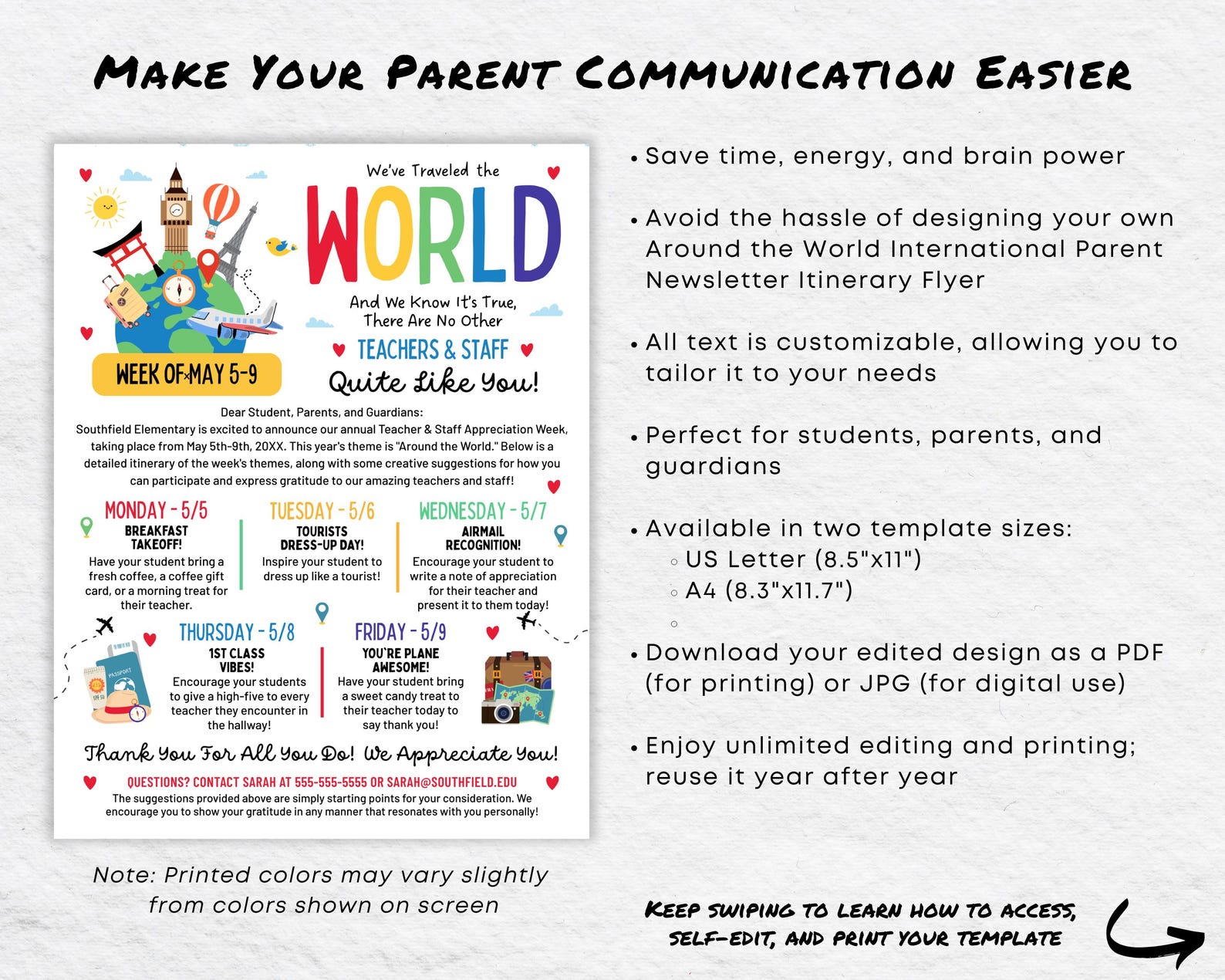 International Teacher Appreciation Parent Newsletter Itinerary Flyer ...