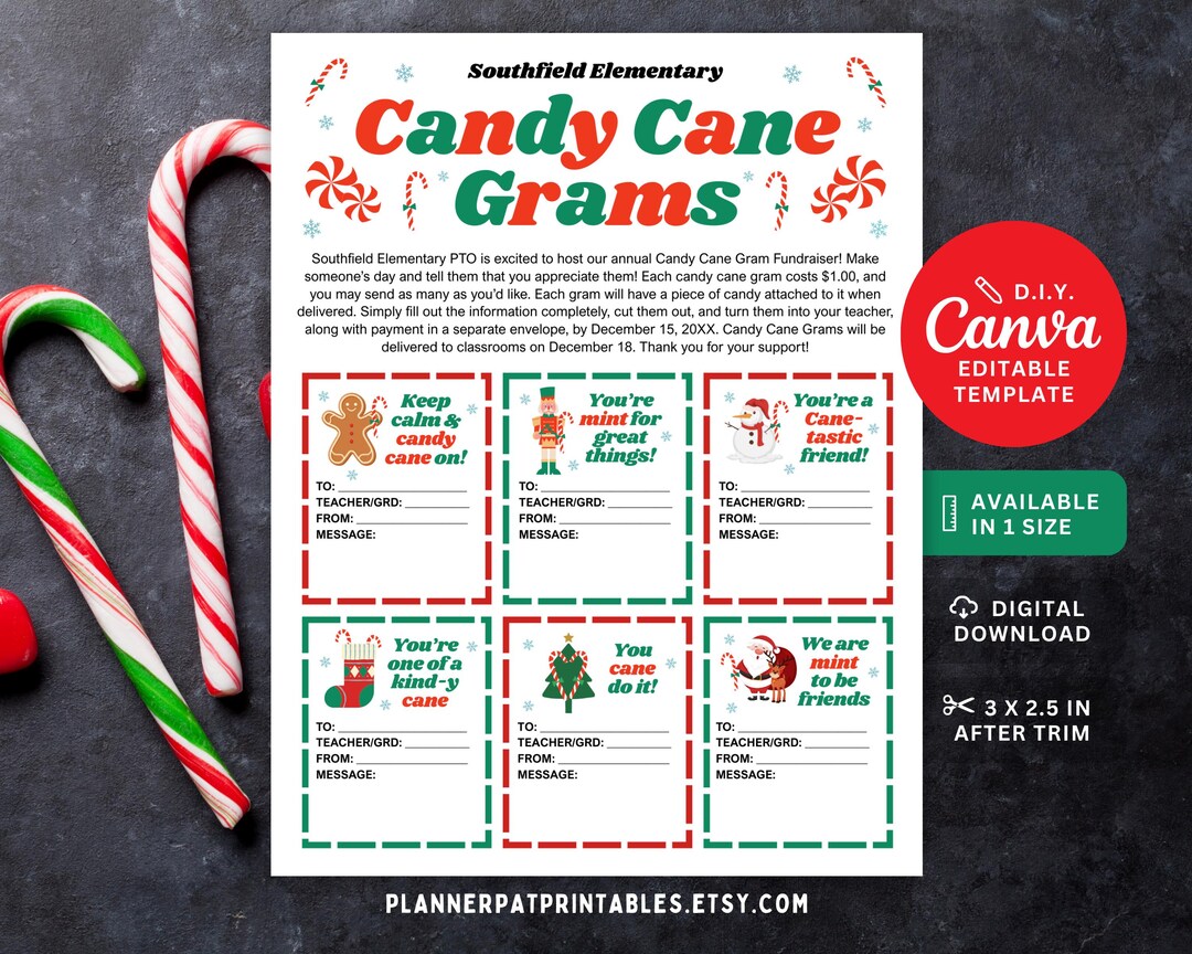 Editable Christmas Candy Cane Grams | School Fundraiser Notes (canva ...