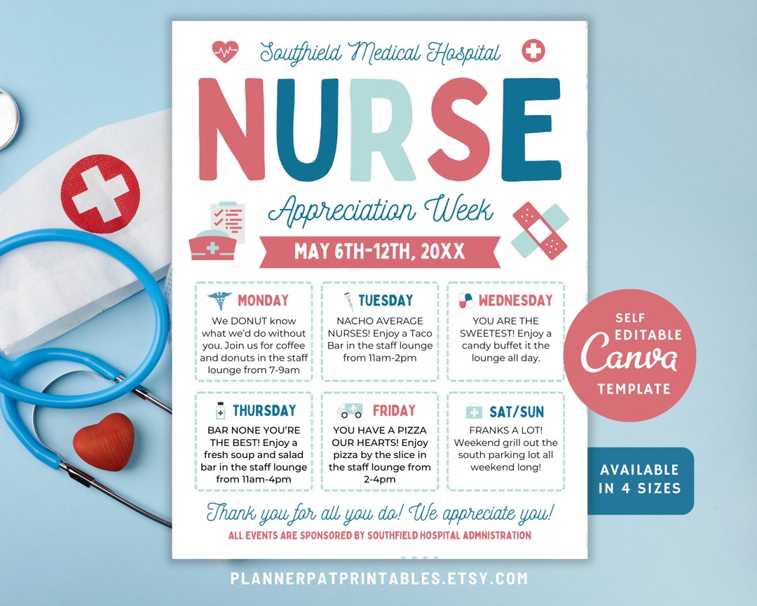 Editable Nurse Appreciation Week Itinerary Flyer Printable Canva ...