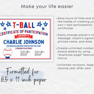 Editable T-ball Certificate of Participation, Youth Sports Award (canva ...