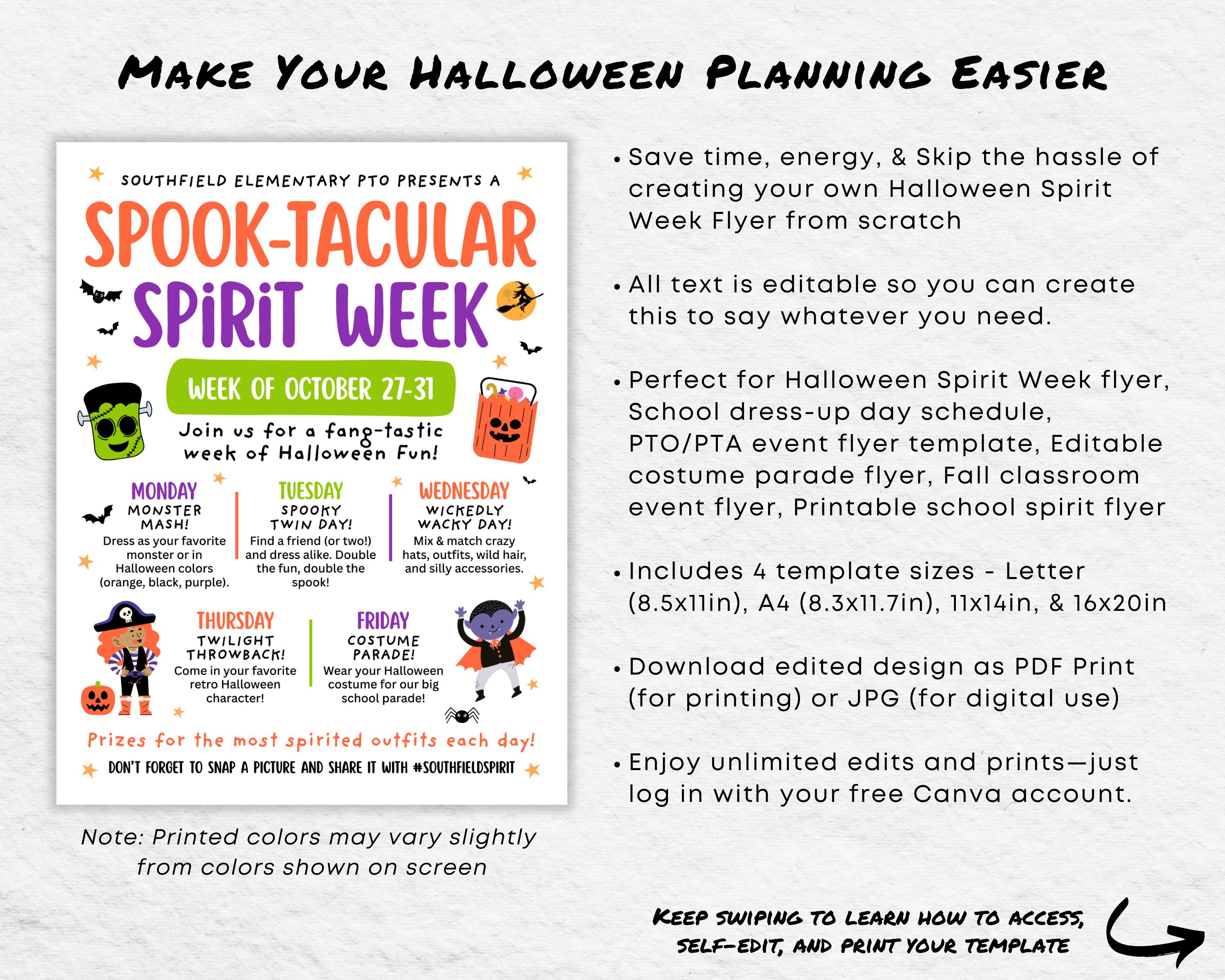 Halloween Spirit Week Flyer: Editable School Dress-up Itinerary (canva ...